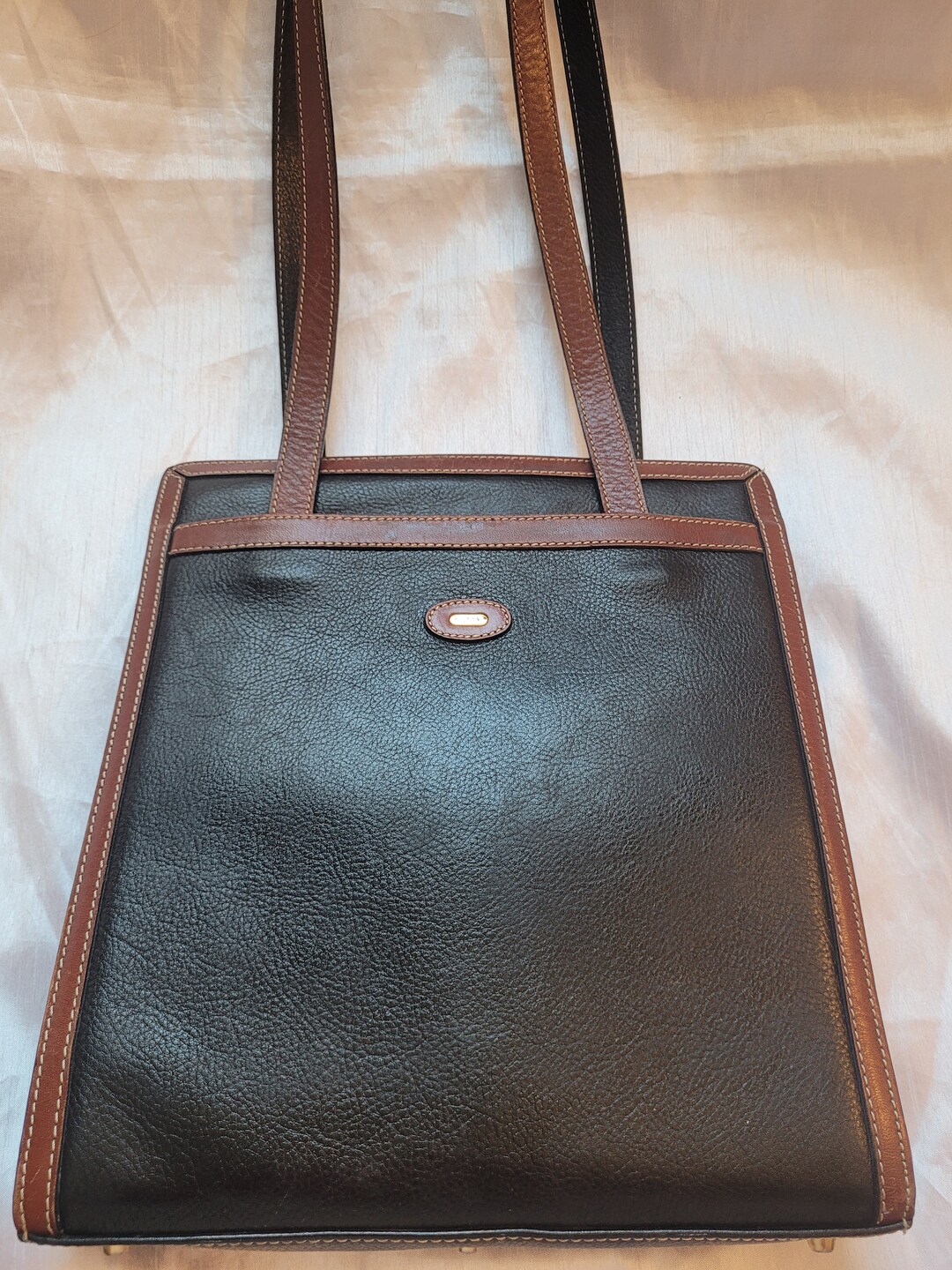 Bally Vintage Pebbled Leather Structured Bag Tote Purse Double Shoulder Handles Brown and Black ...