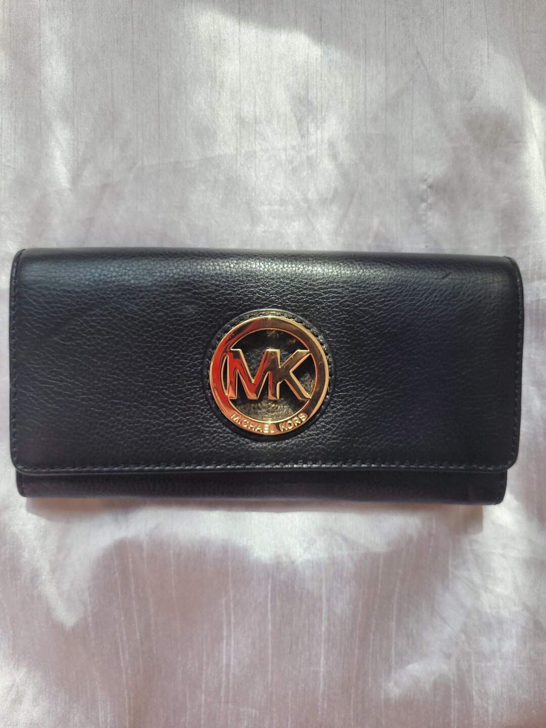 Michael Kors MK Fulton Continental Black Pebbled Leather Trifold Wallet ...