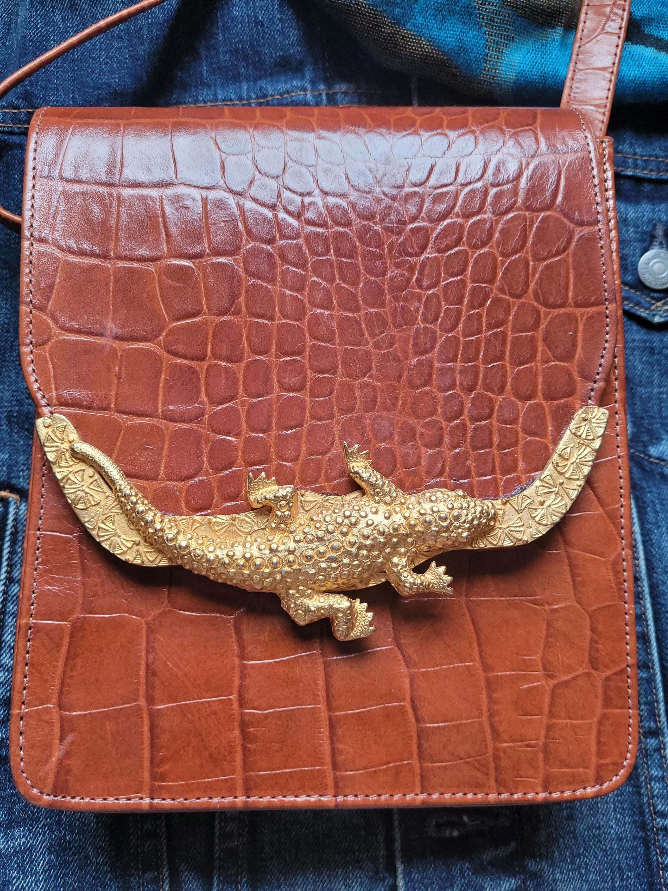 Vintage Rare Leather Unisex Crossbody Bag Caramel Brown Lizard Geico ...