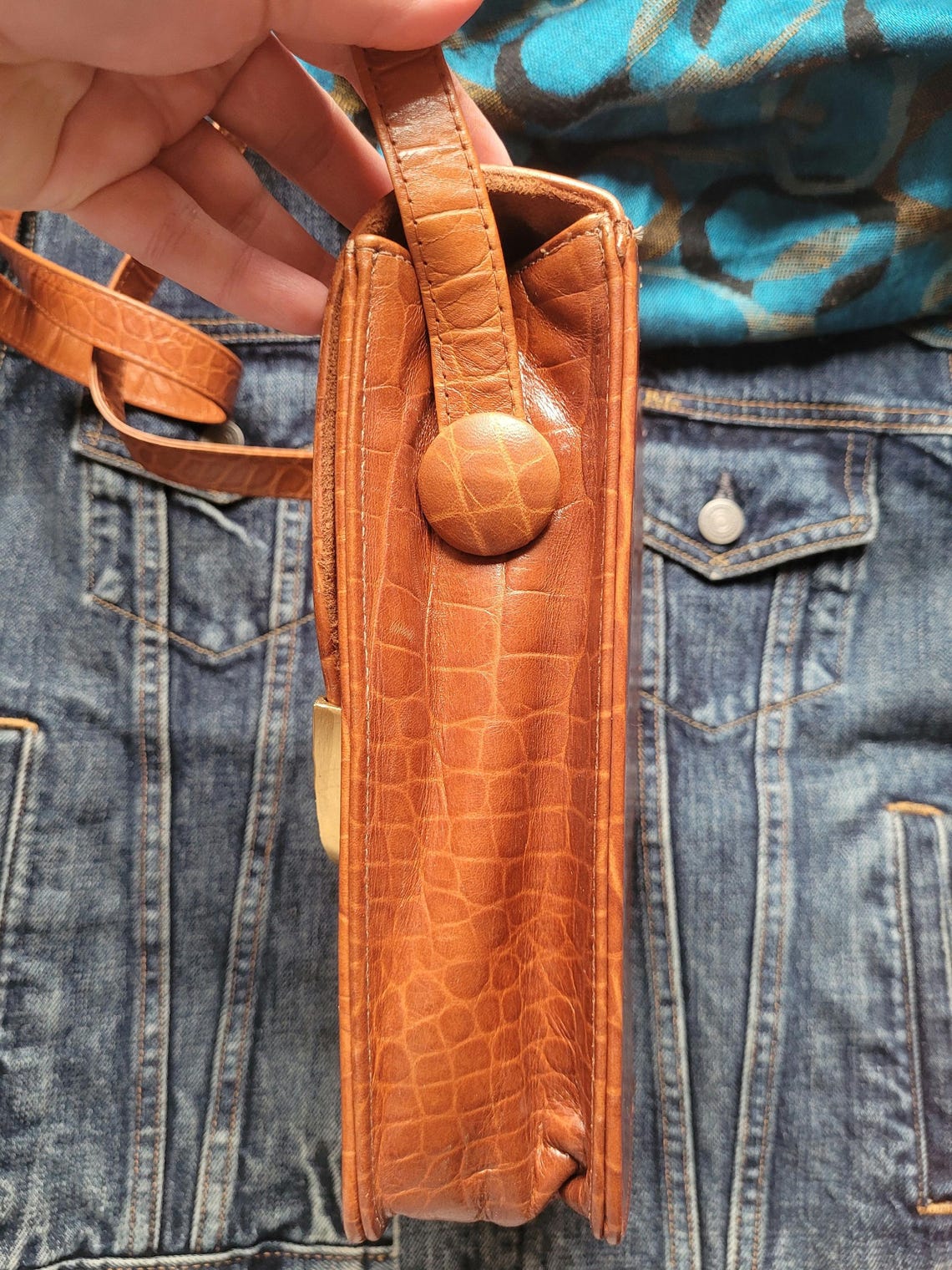 Vintage Rare Leather Unisex Crossbody Bag Caramel Brown Lizard Geico ...