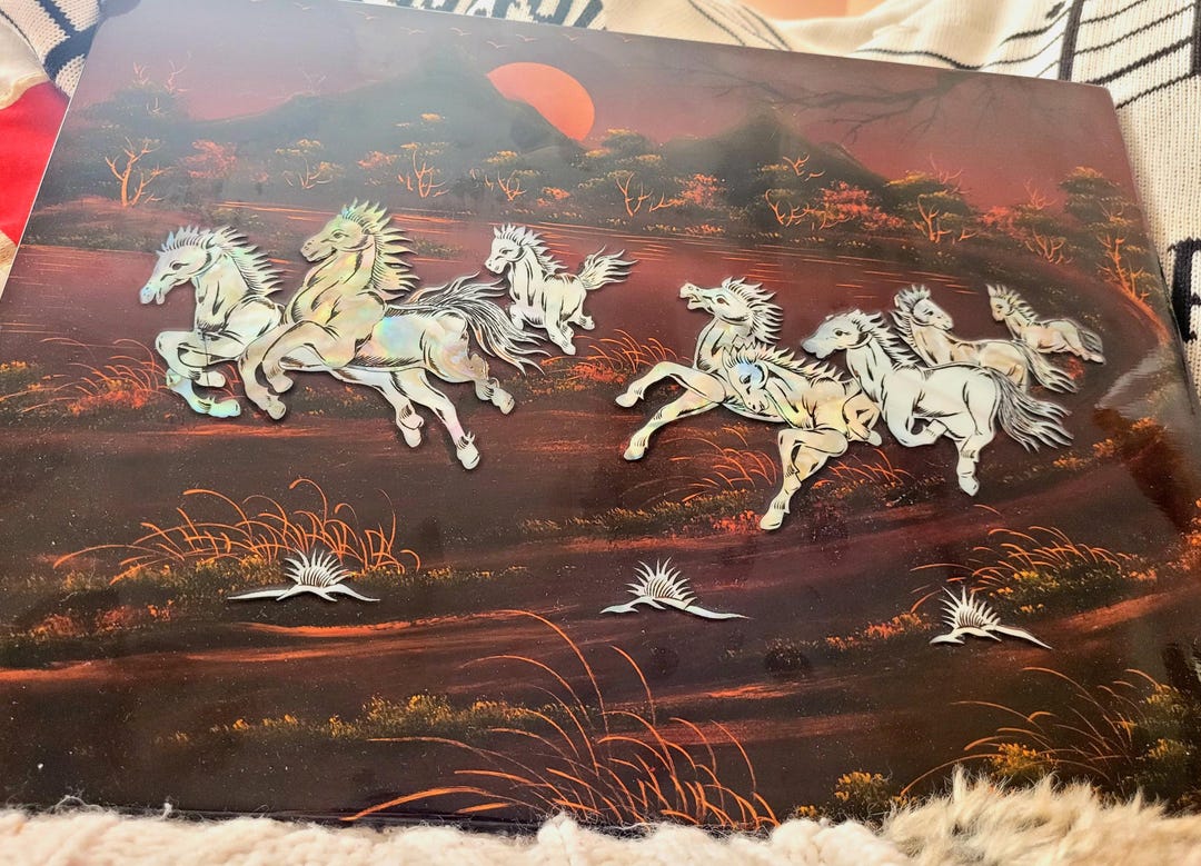 Wild Running Horses Scene Against Mountainous Background Rising Sun ...