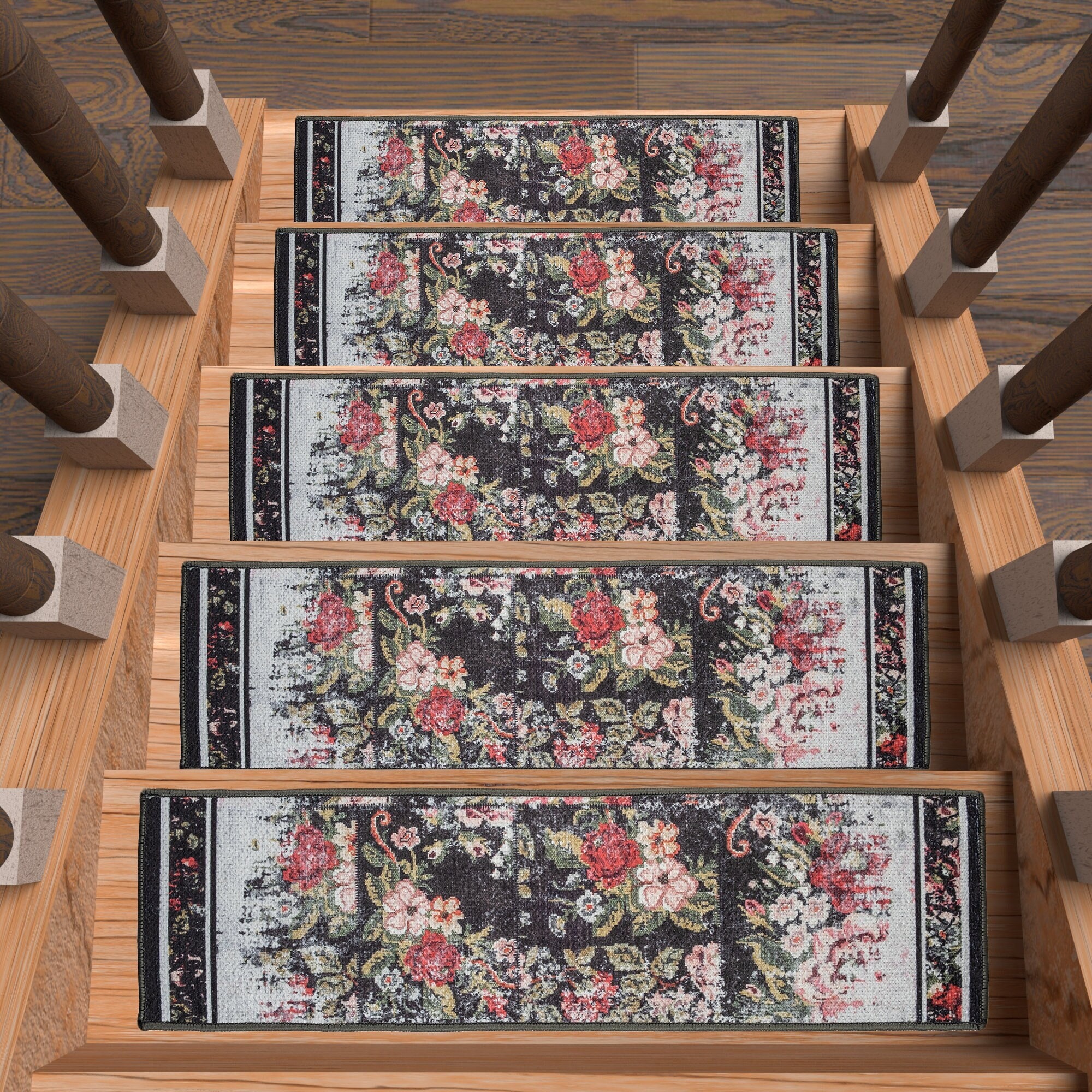Flower Stair Treads Carpet, Ethnic Floral Stair Runner Rug, Non-slip ...
