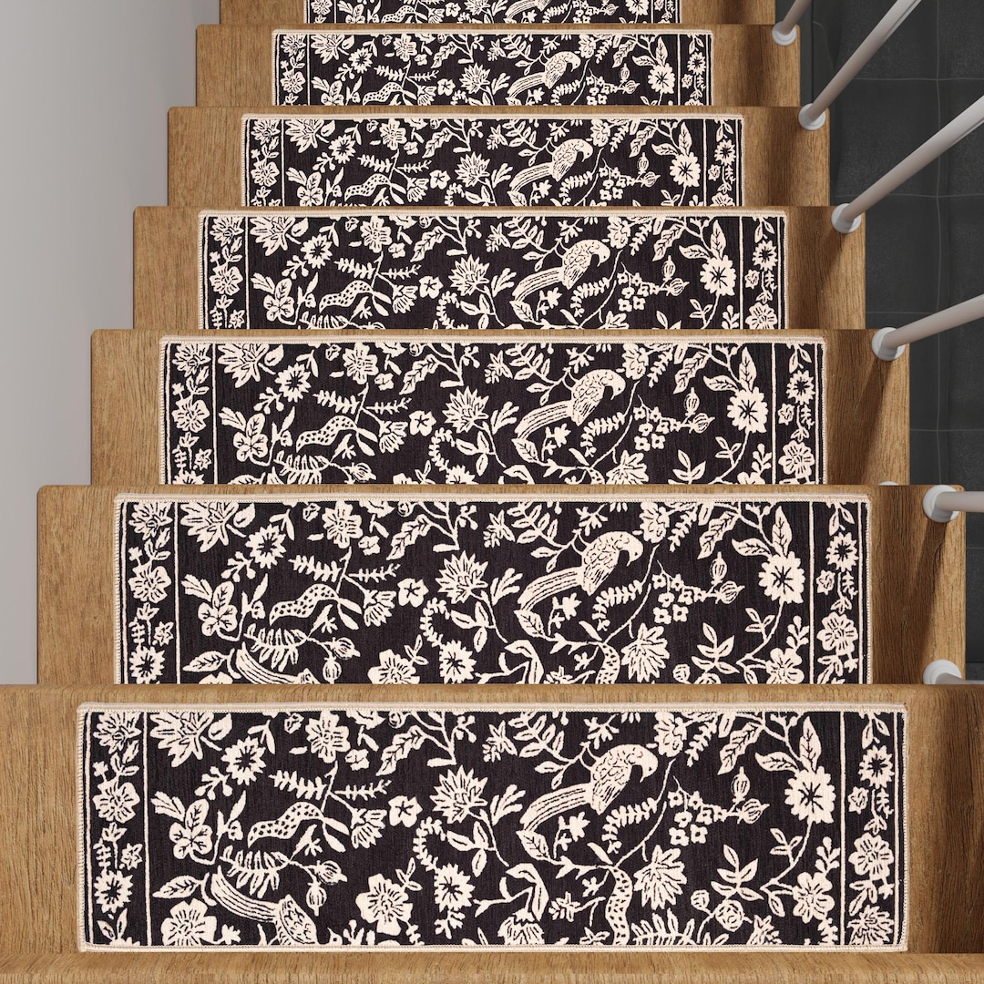 Floral Stair Treads Carpet, White Flower Stair Runner Rug, Non-slip ...