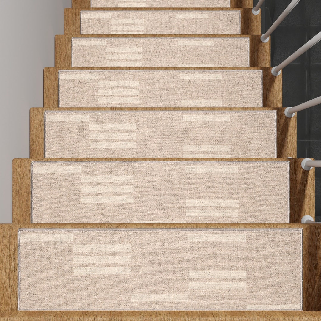 Beige Striped Stair Treads: Geometric Stair Runner Rug, Washable Cotton ...