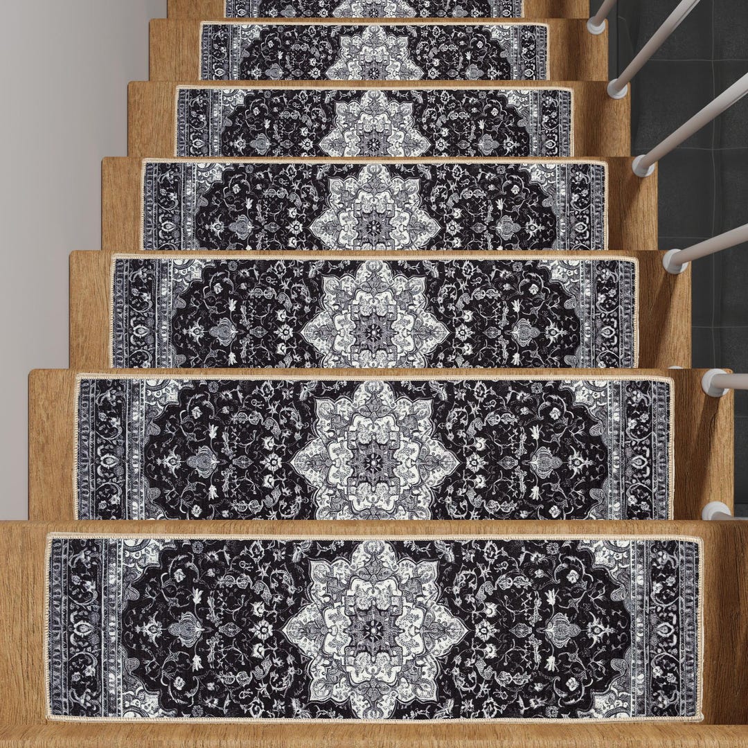 Black Antique Stair Treads Carpet, Floral Stair Runner Rug, Non-slip ...