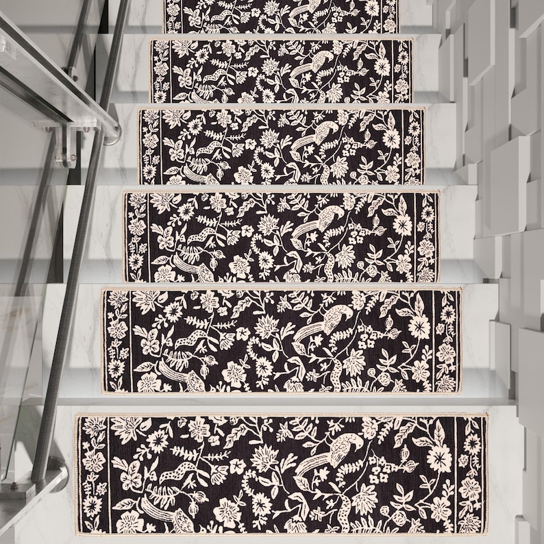 Floral Stair Treads Carpet, White Flower Stair Runner Rug, Non-slip ...