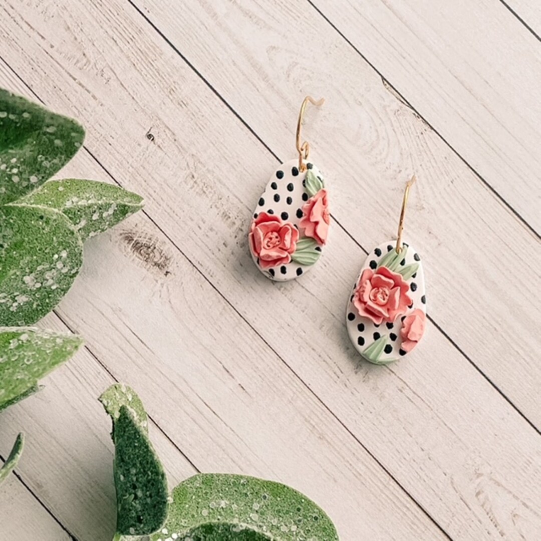 Garden Floral Botanical Earrings Polymer Clay Earrings Black White ...