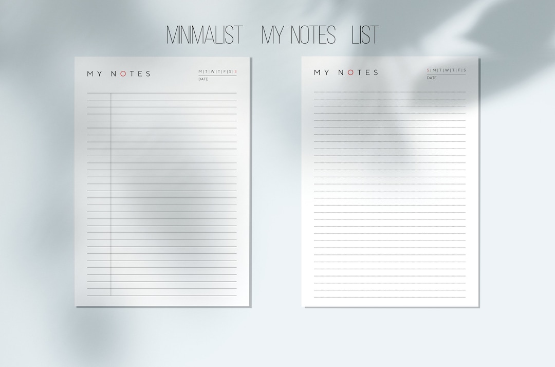 Streamlined Notes: Minimalist My Notes List | 4 Sizes | Monday and ...