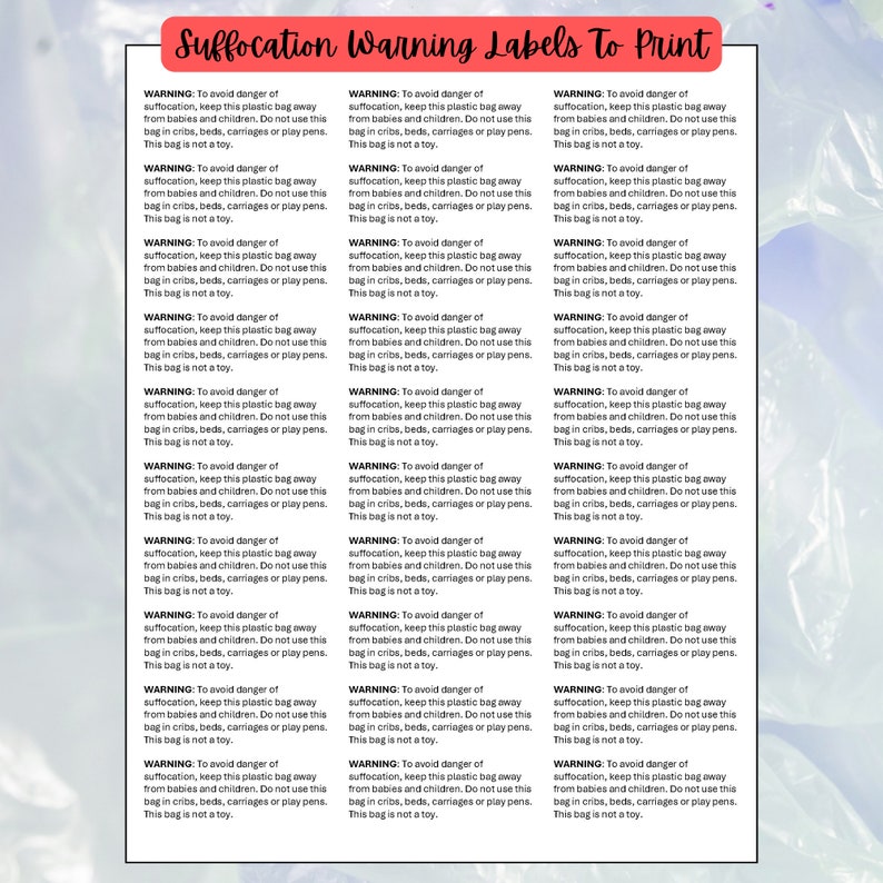 Printable Suffocation Warning Labels | Sheet of 30 Suffocation Stickers ...