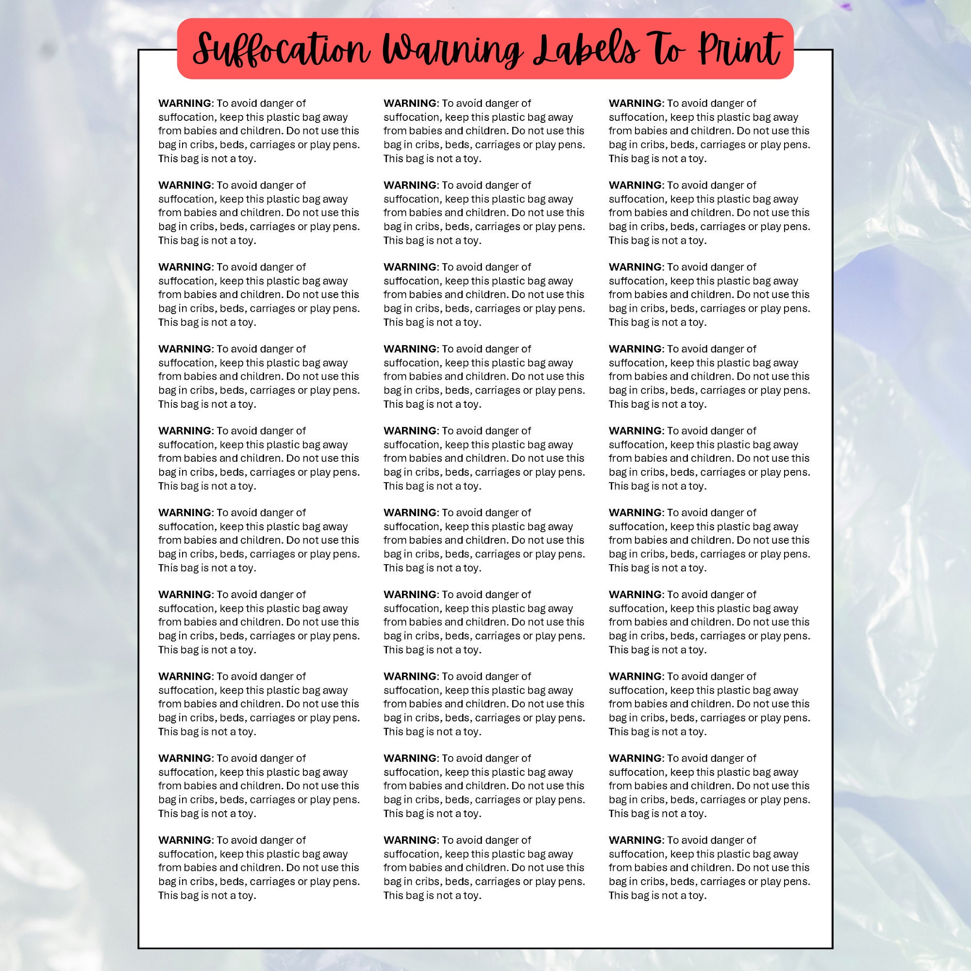Printable Suffocation Warning Labels | Sheet of 30 Suffocation Stickers ...