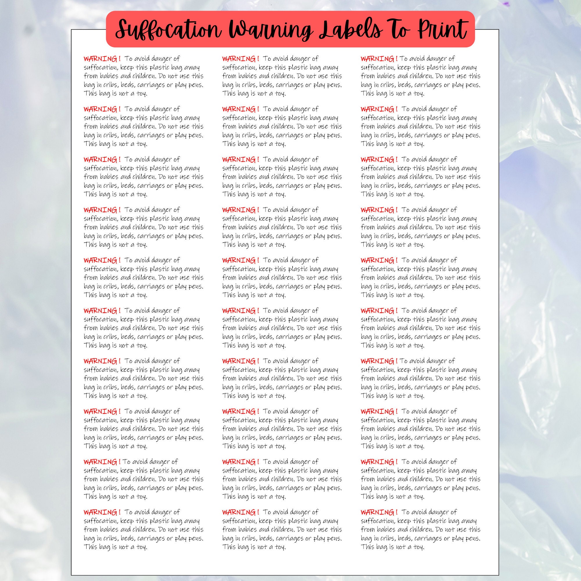 Printable Suffocation Warning Labels | Small Business Labels | Sheet of ...