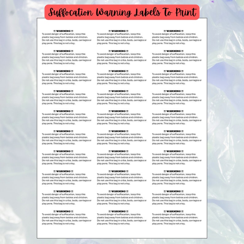 Printable Suffocation Warning Labels | Small Business Labels | Sheet of ...