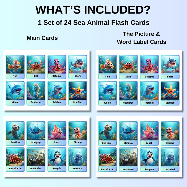 SEA ANIMALS 24 Montessori Cards, Printable Flash Cards for Kids ...