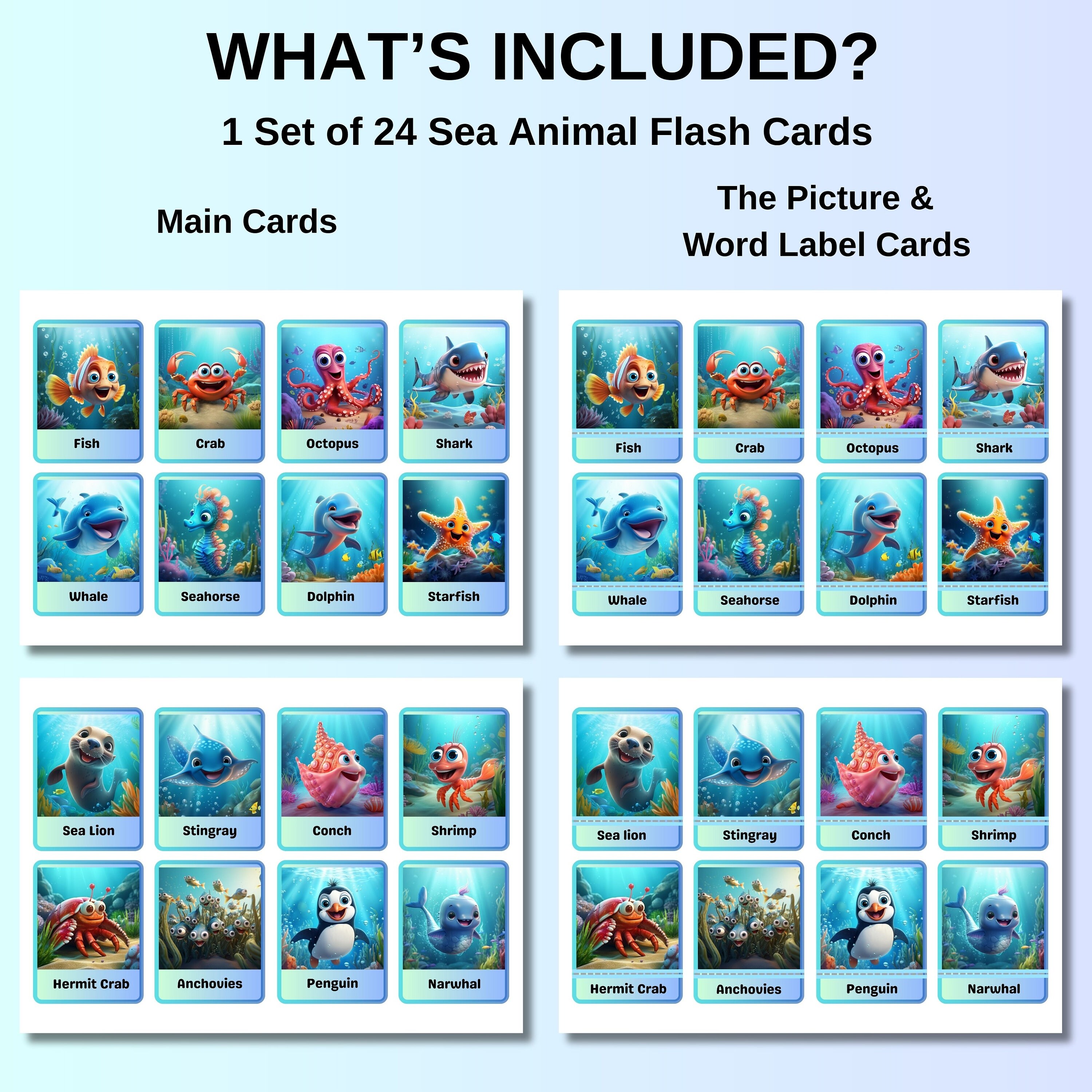 SEA ANIMALS 24 Montessori Cards, Printable Flash Cards for Kids ...