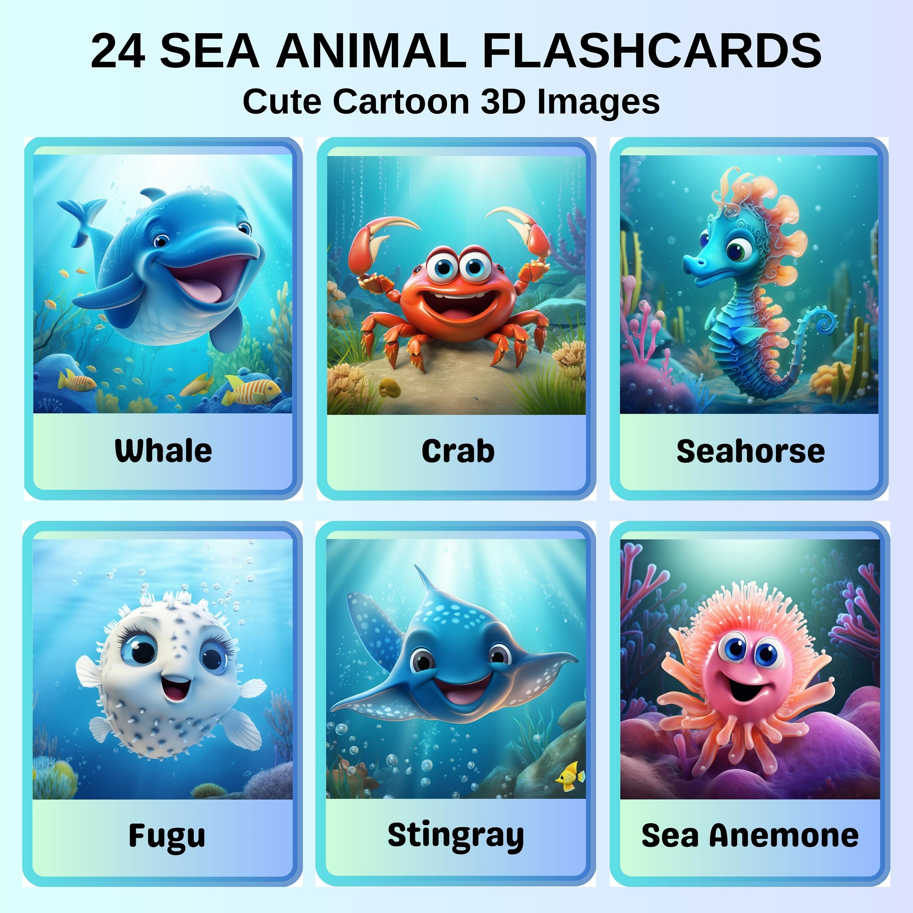 SEA ANIMALS 24 Montessori Cards, Printable Flash Cards for Kids ...