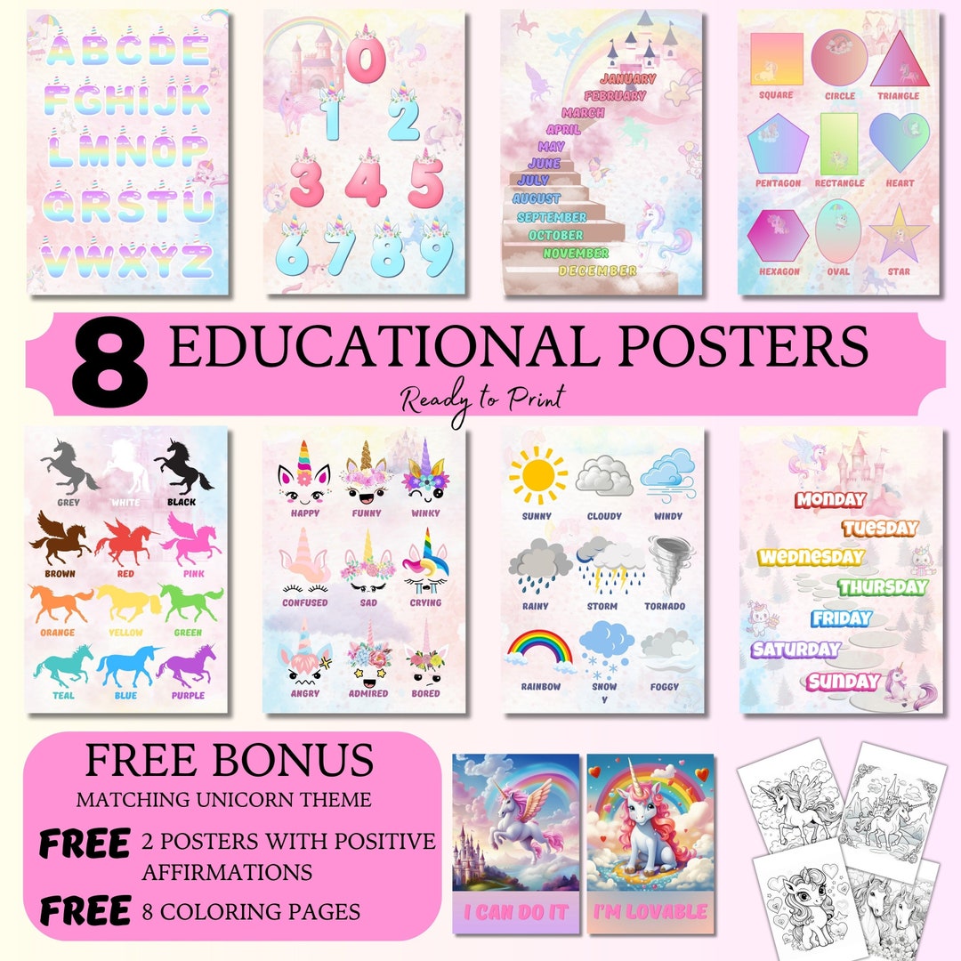 Educational Posters Unicorns, 8 Homeschool Prints, Montessori Classroom ...