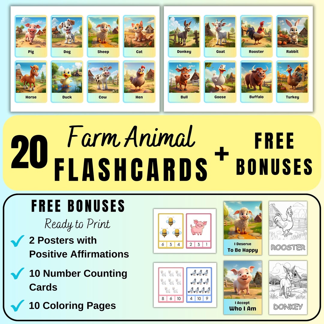 20 Farm Animal FLASH CARDS, Montessori Flash Cards, Pre-school ...