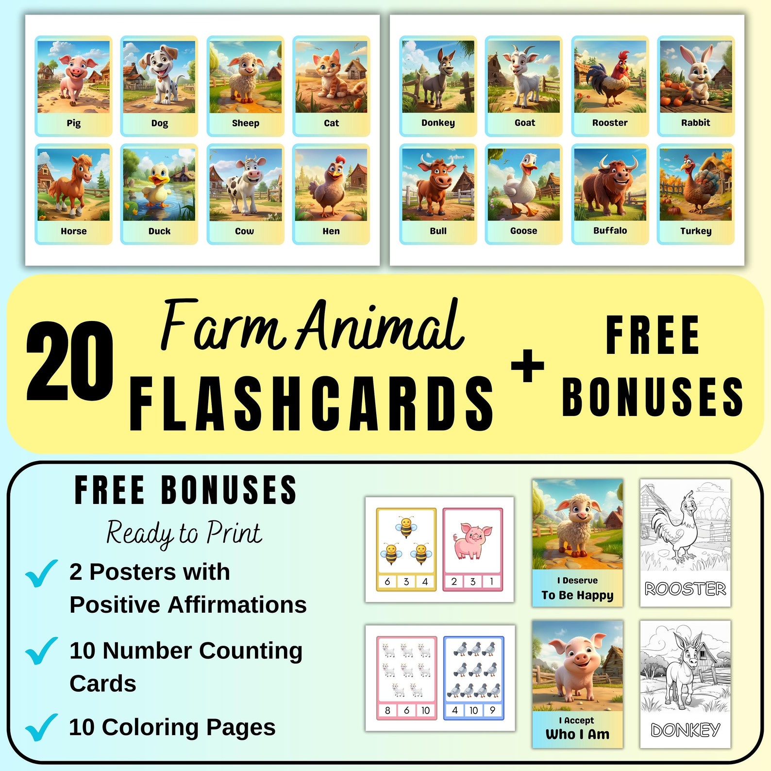 20 Farm Animal FLASH CARDS Montessori Flash Cards Pre-school - Etsy