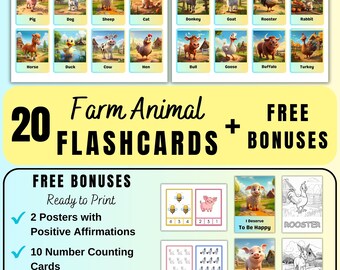 20 Farm Animal FLASH CARDS, Montessori Flashcards, Pre-school ...