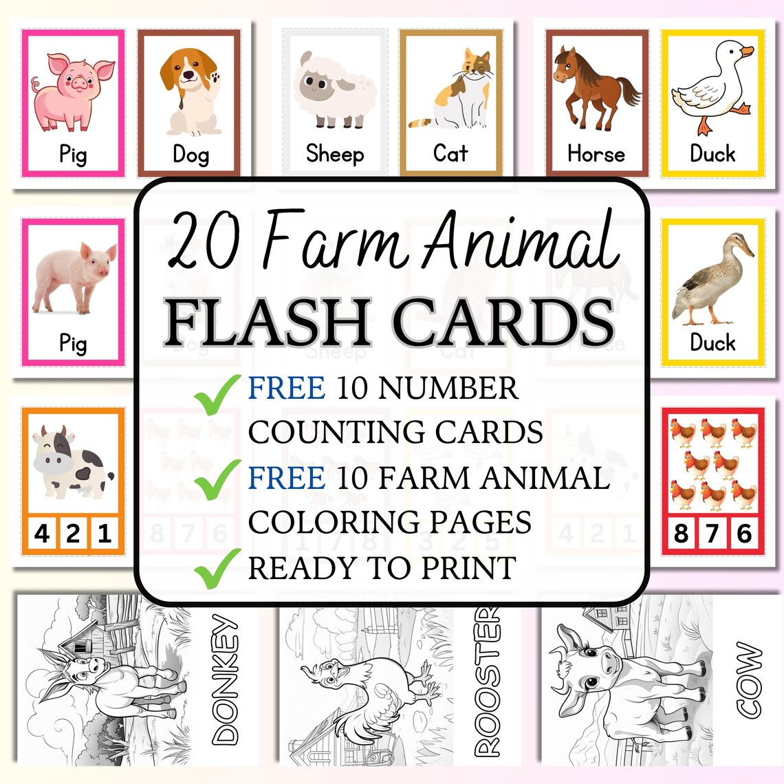 20 Farm Animal FLASH CARDS, Montessori Flash Cards, Pre-school ...