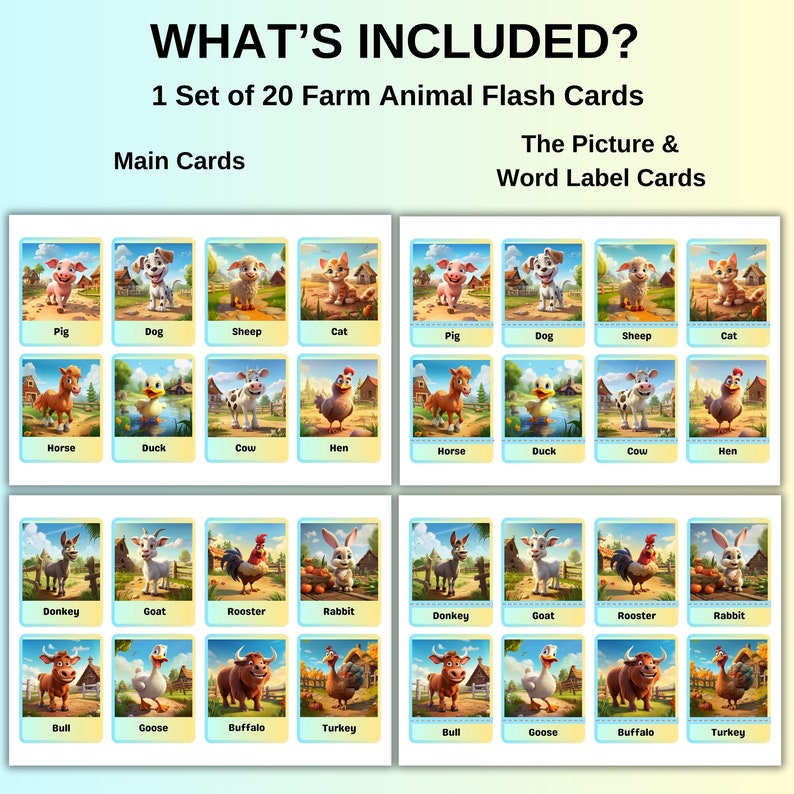 20 Farm Animal FLASH CARDS, Montessori Flash Cards, Pre-school ...