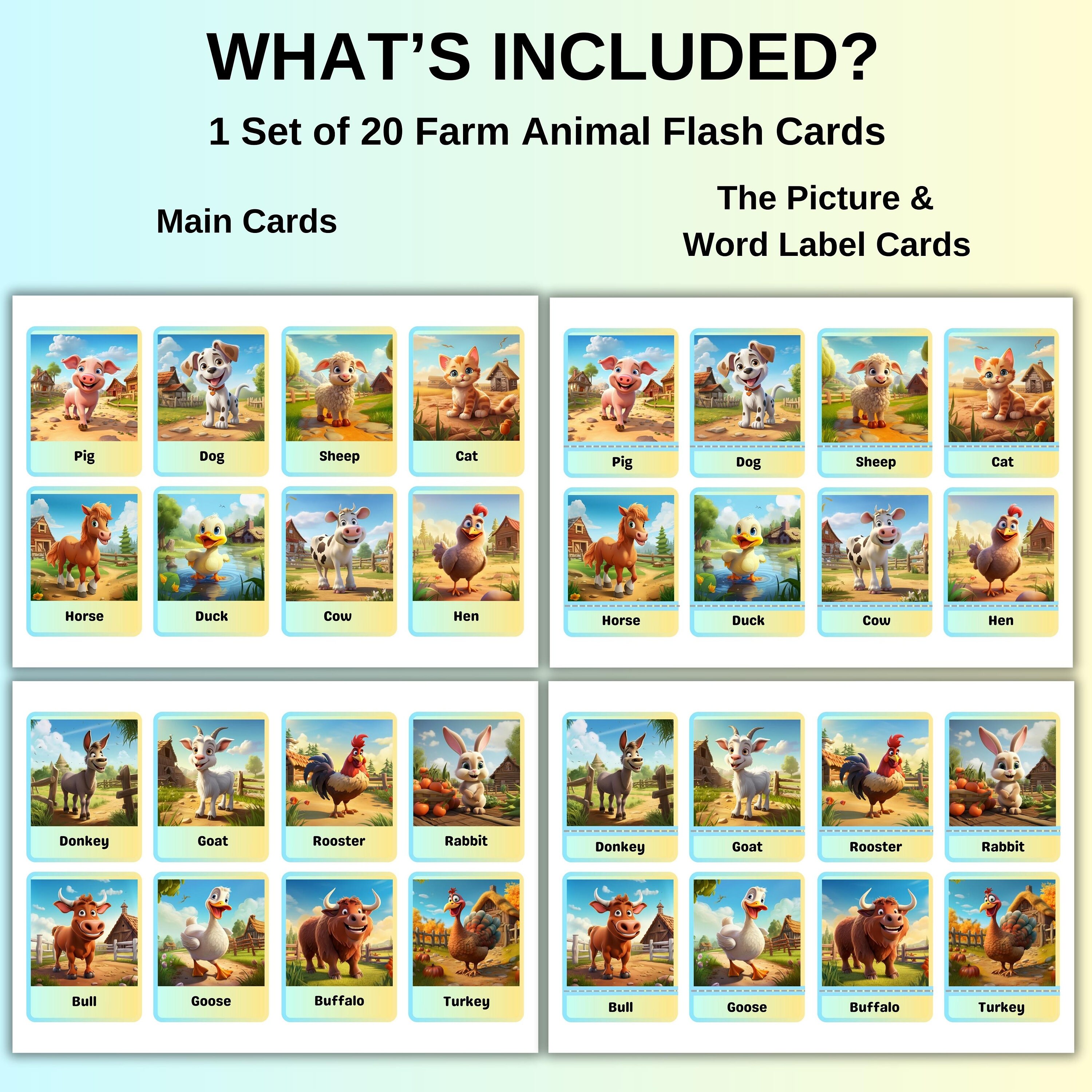 20 Farm Animal FLASH CARDS Montessori Flash Cards Pre-school - Etsy