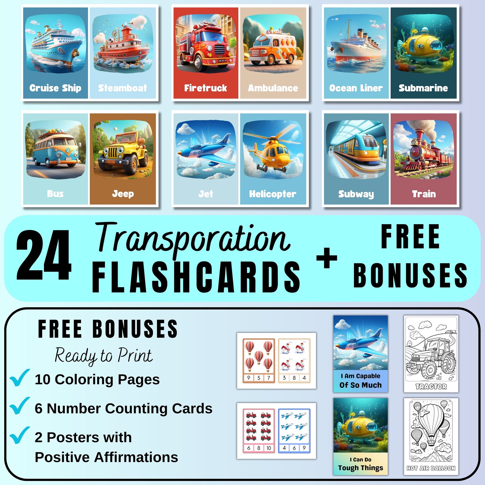24 Transportation Flashcards for Kids Printable; Montessori Flashcards ...