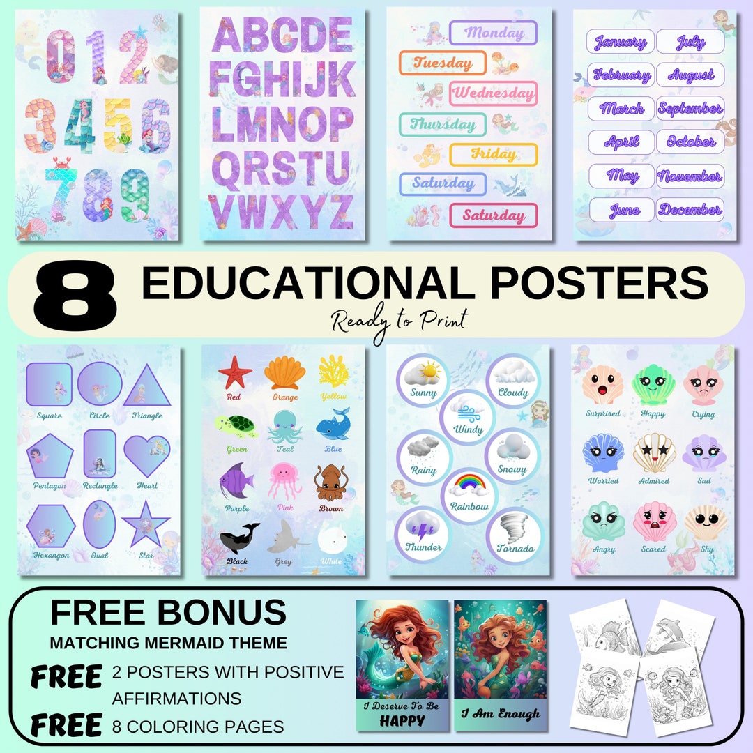Educational Posters Mermaid, 8 Homeschool Prints, Montessori Classroom ...