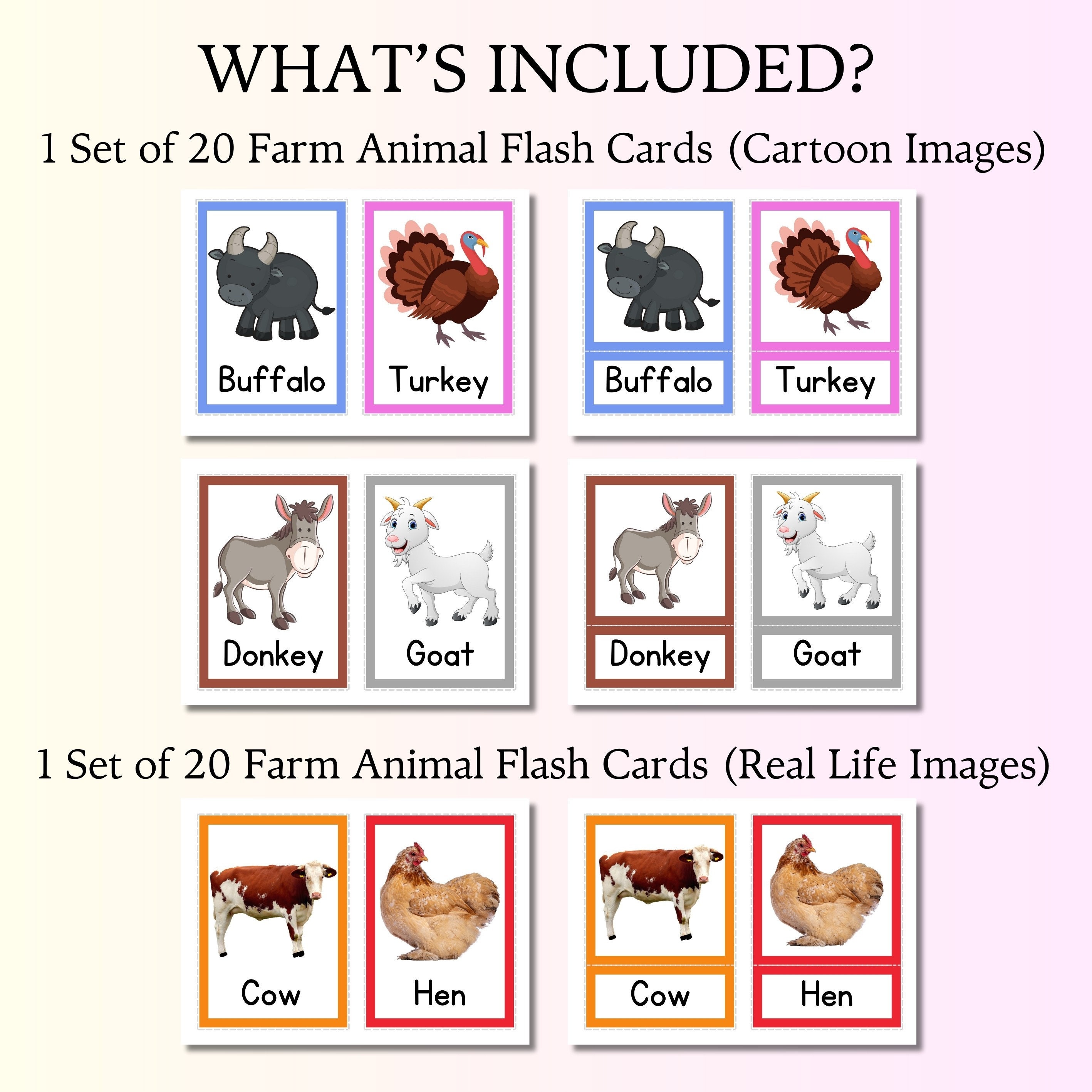 20 Farm Animal FLASH CARDS, Montessori Flash Cards, Pre-school ...