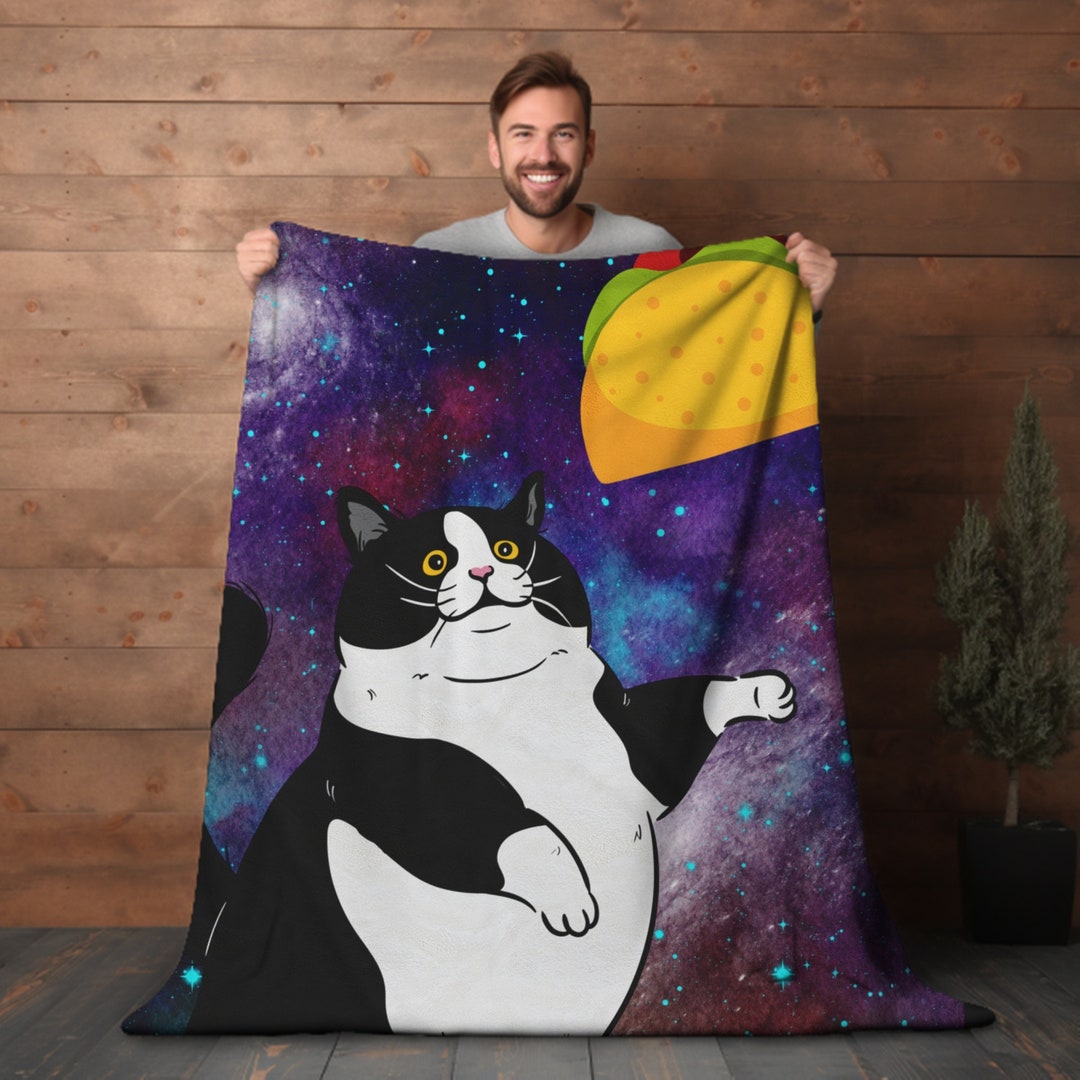 Funny Fat Cat and Taco Space Blanket, Fat Kitty Velveteen Throw, Funny ...