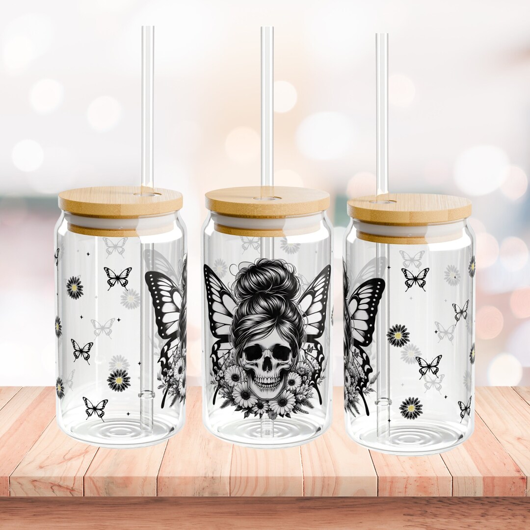 Gothic Skeleton Daisy Butterfly Libbey Glass 16oz Tumbler, Mother's Day ...