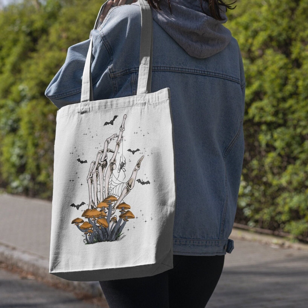Cottagecore Creepy Skeleton and Mushroom Hand Tote Bag, Spooky ...
