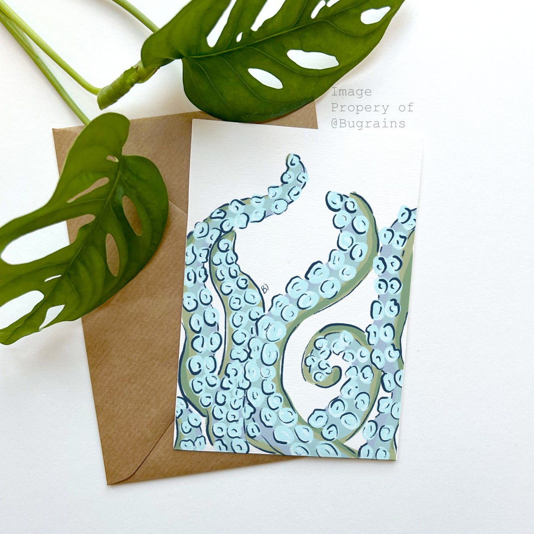 Tentacles Postcard Colourful Blue and Green Octopus Art Nautical Decor 4x6 Print Gifts for ...