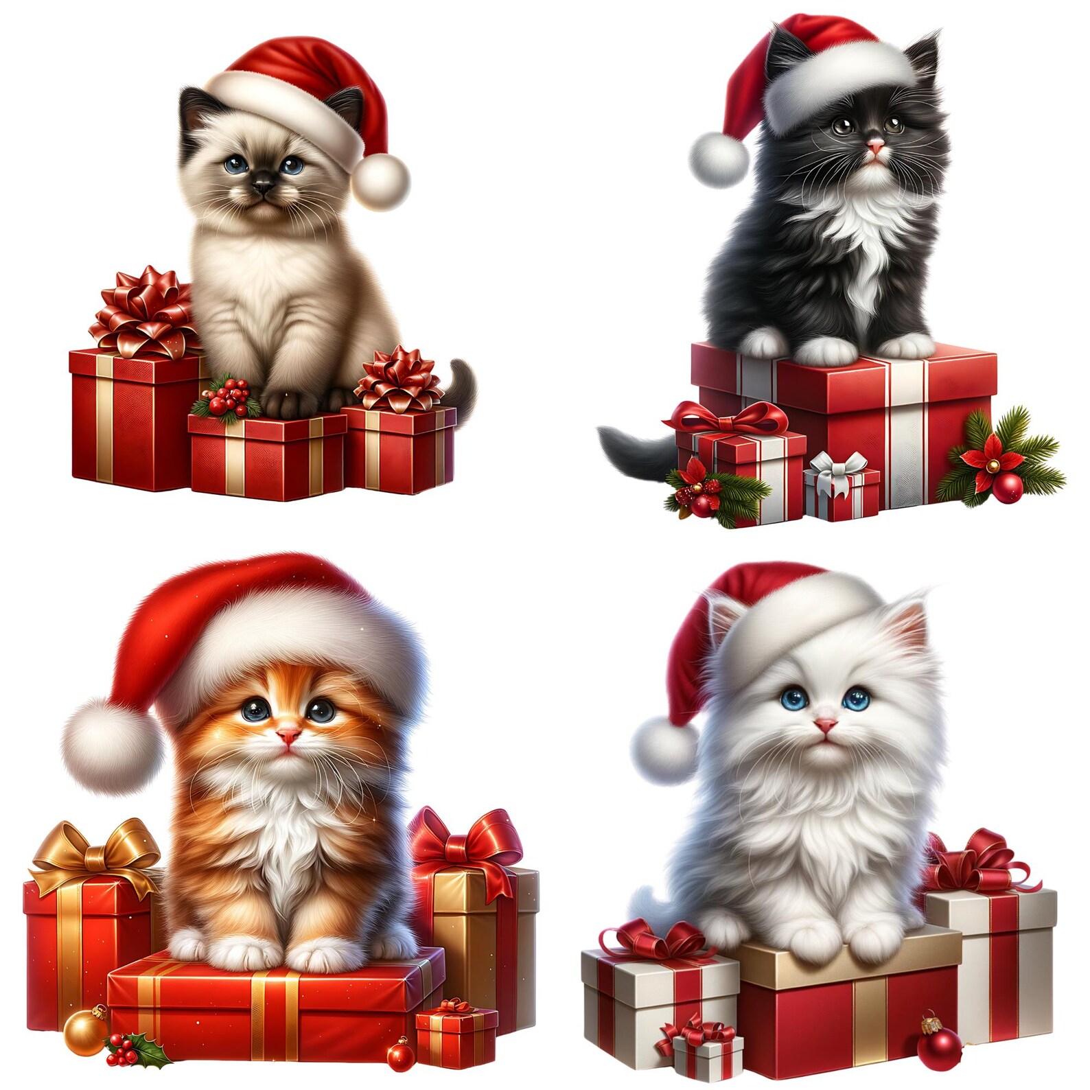 Christmas Kitten Clipart Bundle, 12 PNG Watercolor Christmas Kitten ...