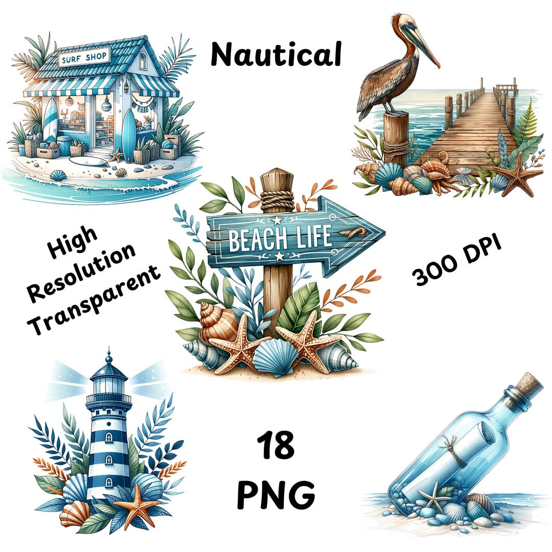 Watercolor Nautical Clipart Bundle, 18 PNG Beach Clipart, Ocean Clipart ...