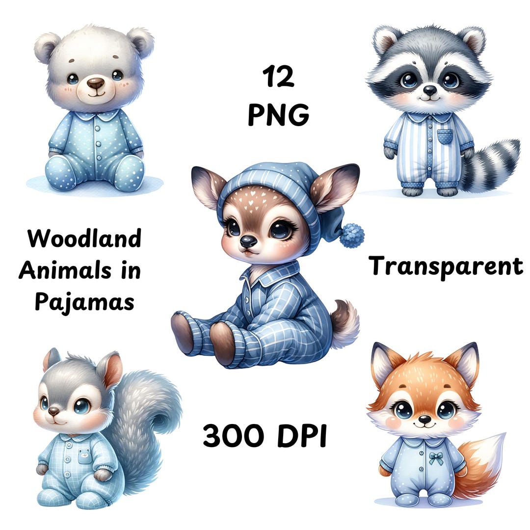 Woodland Animals in Pajamas Clipart 12 Watercolor, Cute Creature ...