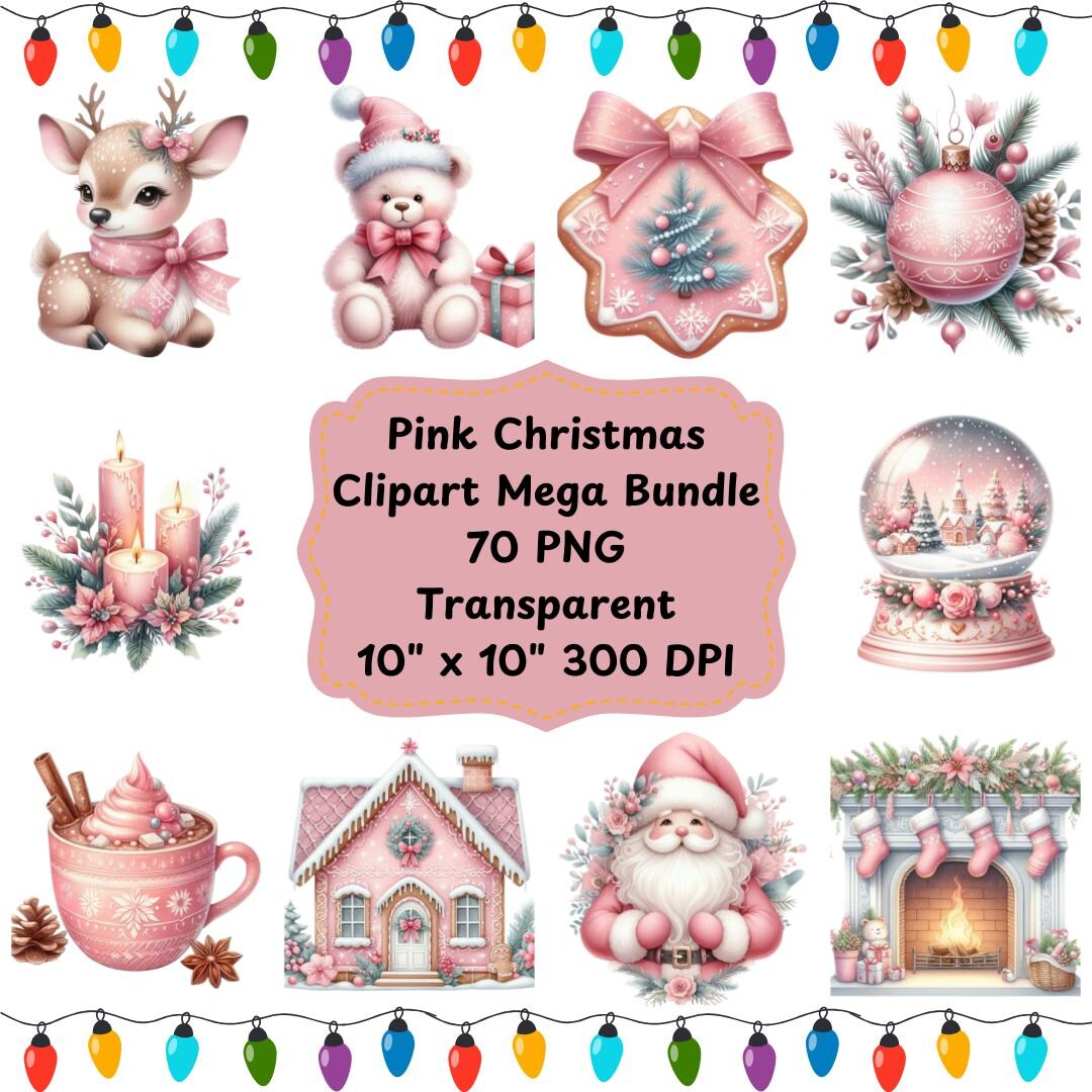 Pink Christmas Clipart, 70 Watercolor Festive Holiday Png Bundle ...