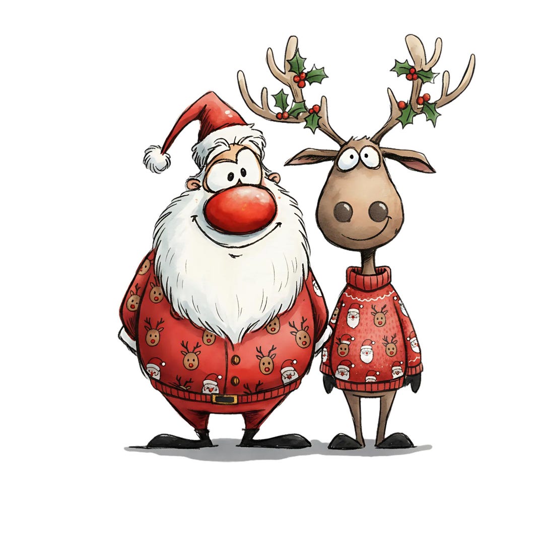 Santa Reindeer Clipart Bundle | 12 Funny Christmas Cartoon Pngs | Santa ...