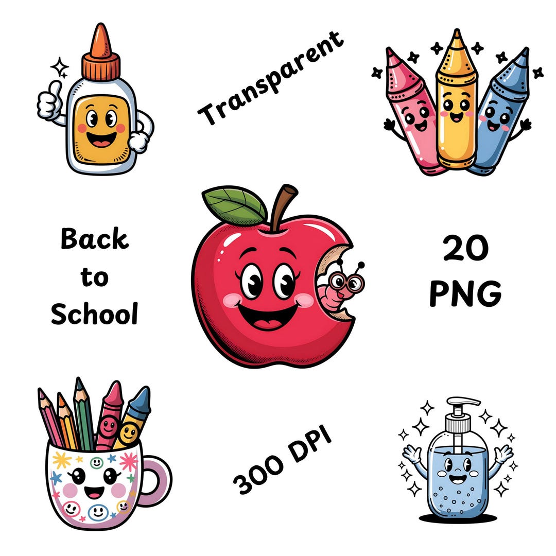 Back to School Clipart 20 PNG Bundle – Cute School Supply Pngs for ...