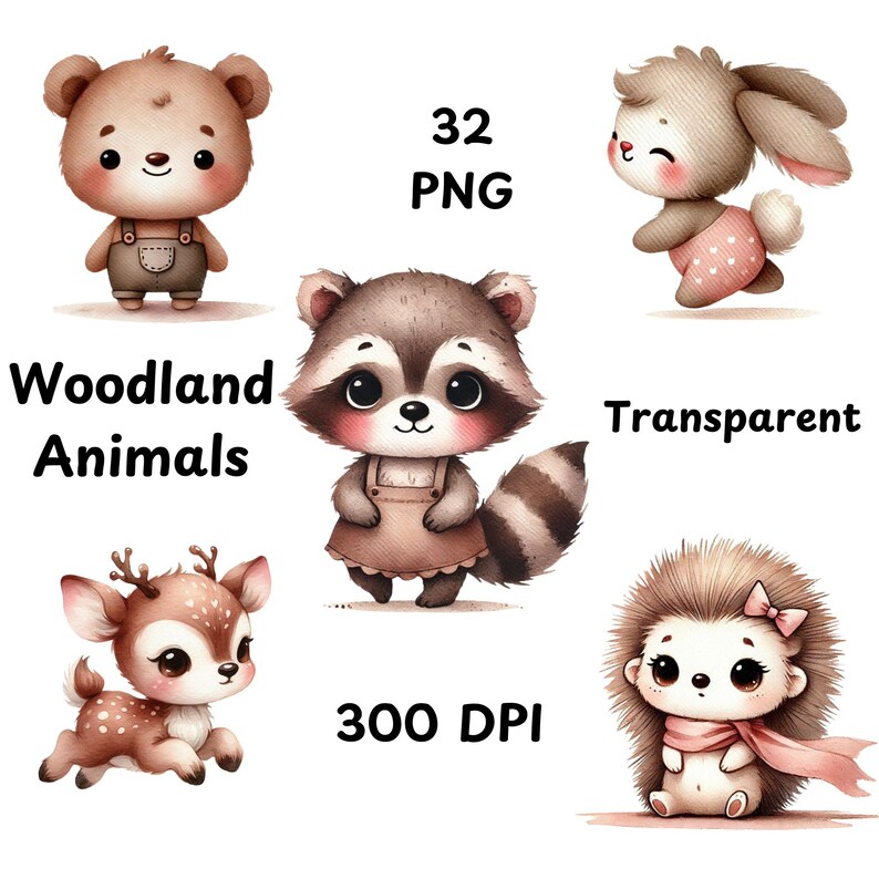 Baby Woodland Animals Clipart Bundle, 32 Cute Nursery Art Png, Bear ...