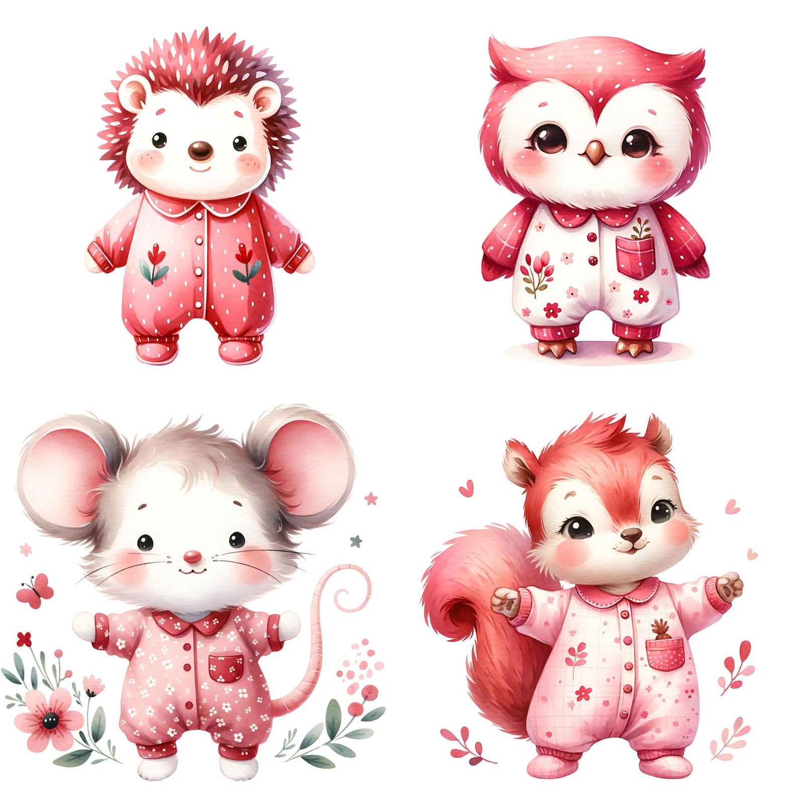 Woodland Animals in Pajamas Clipart 12 Watercolor, Cute Creature ...