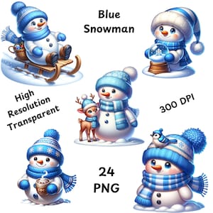 Watercolor Blue Snowman Clipart Bundle, 24 PNG Festive Snowman Clipart ...