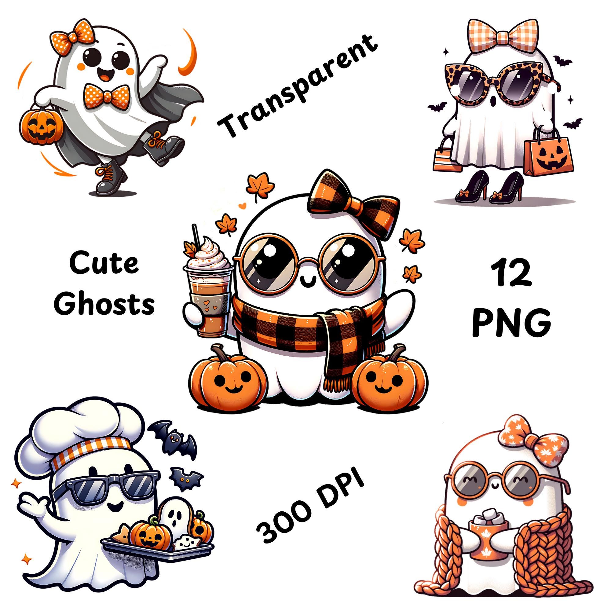 Cute Halloween Ghost Clipart Bundle | 12 Transparent Pngs | Fall Coffee ...