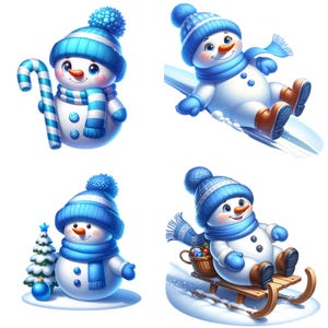 Watercolor Blue Snowman Clipart Bundle, 24 PNG Festive Snowman Clipart ...