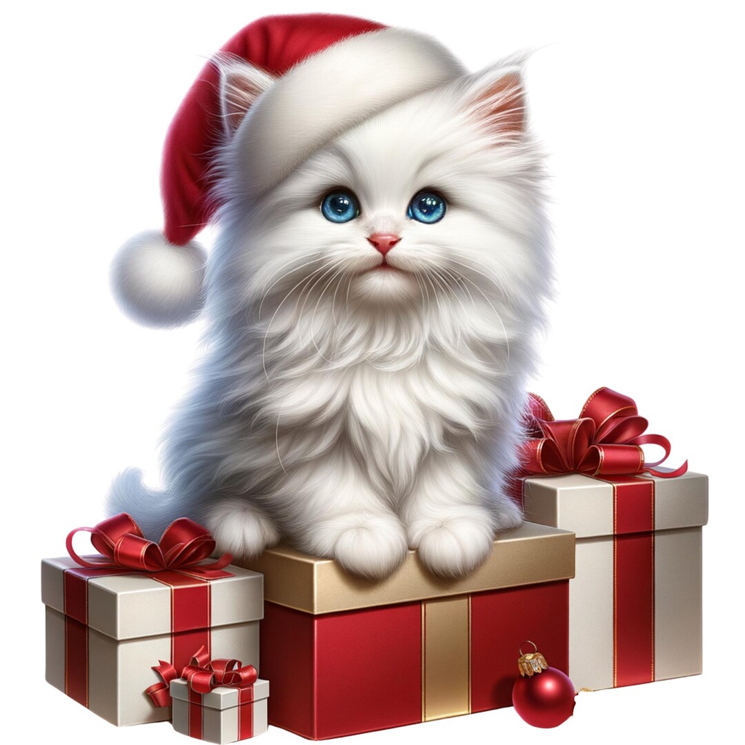 Christmas Kitten Clipart Bundle, 12 PNG Watercolor Christmas Kitten ...