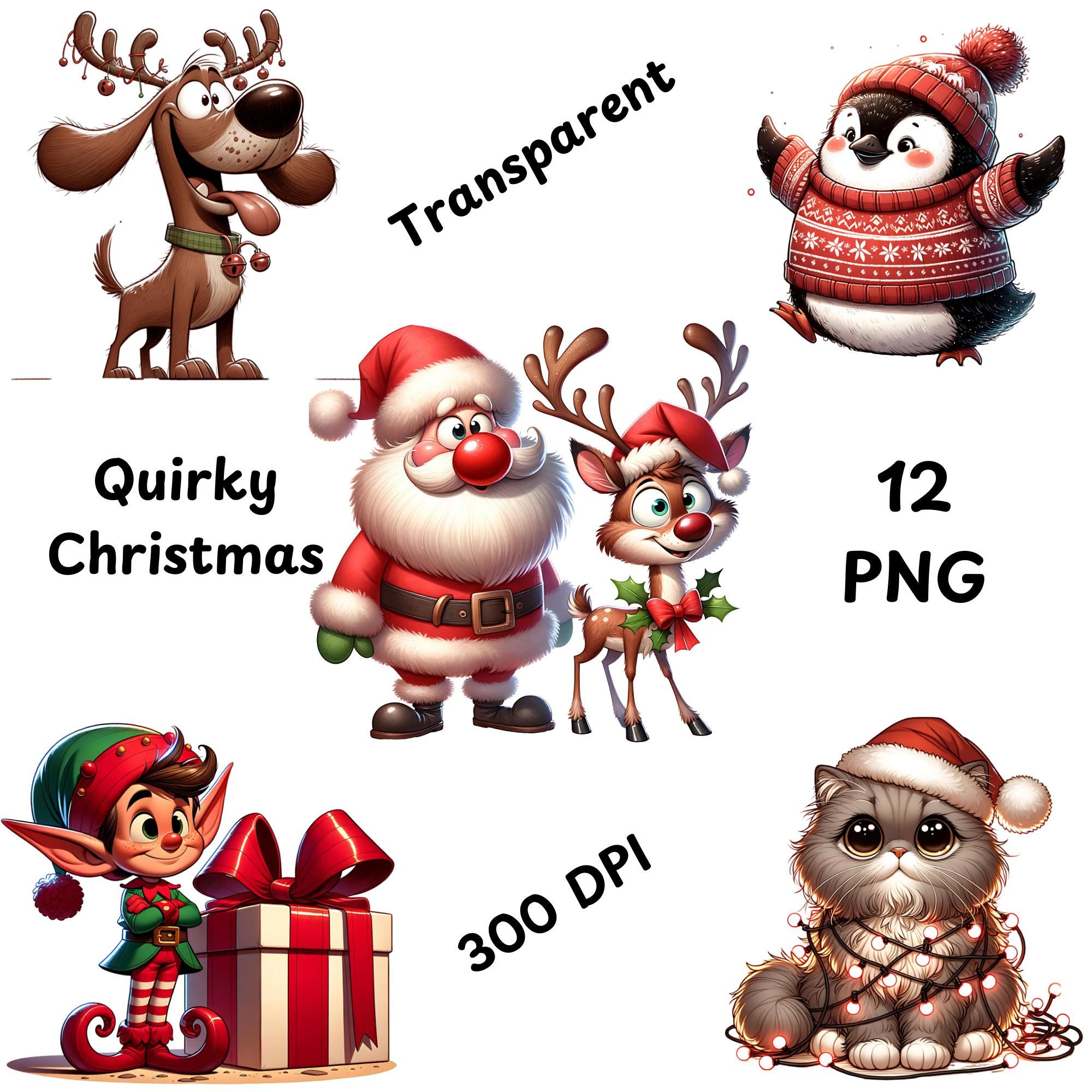 Quirky Christmas Clipart PNG Bundle, Funny Santa and Reindeer Graphics ...