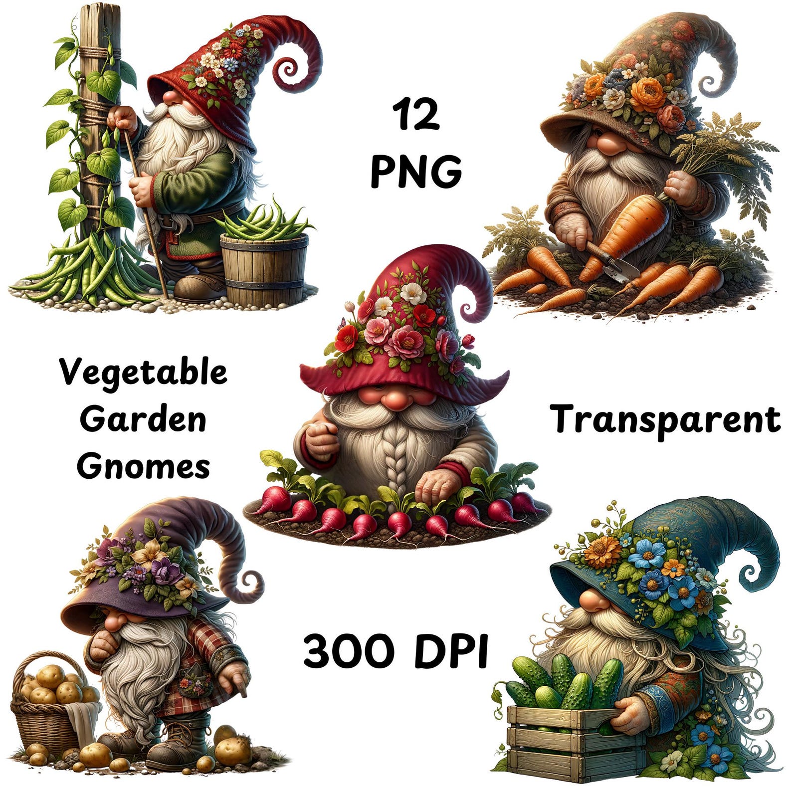 Garden Gnomes Clipart Bundle 12 PNG Watercolor Spring Garden Clipart ...