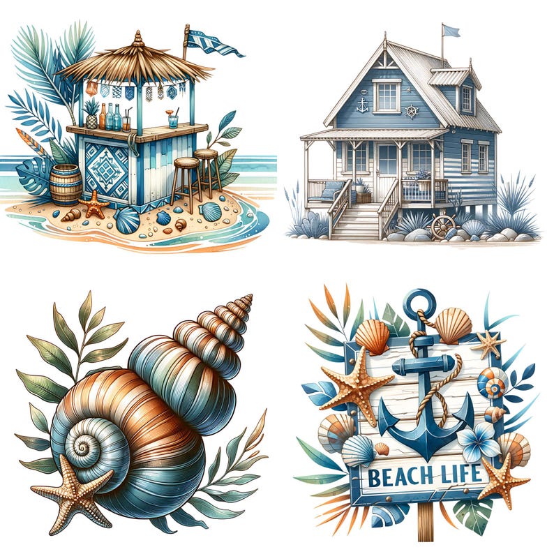 Coastal Clipart PNG Bundle Beach Vacation Graphics Nautical PNG Summer ...