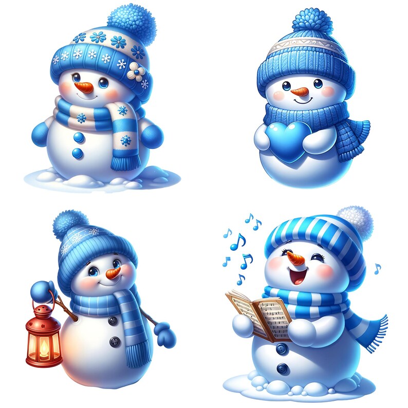 Watercolor Blue Snowman Clipart Bundle, 24 PNG Festive Snowman Clipart ...
