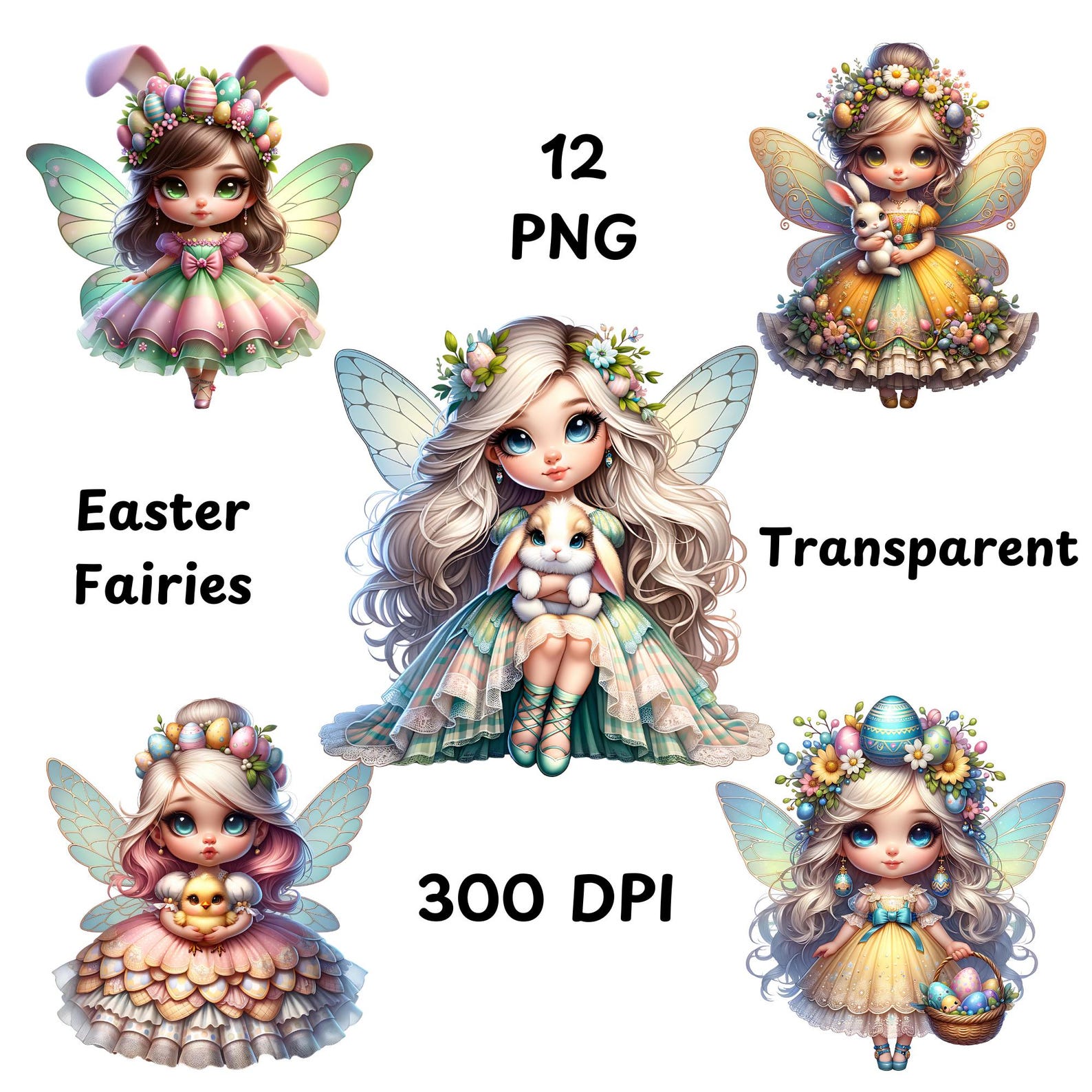Easter Fairies Clip Art, 12 Watercolor Spring Fairies PNG, Junk ...
